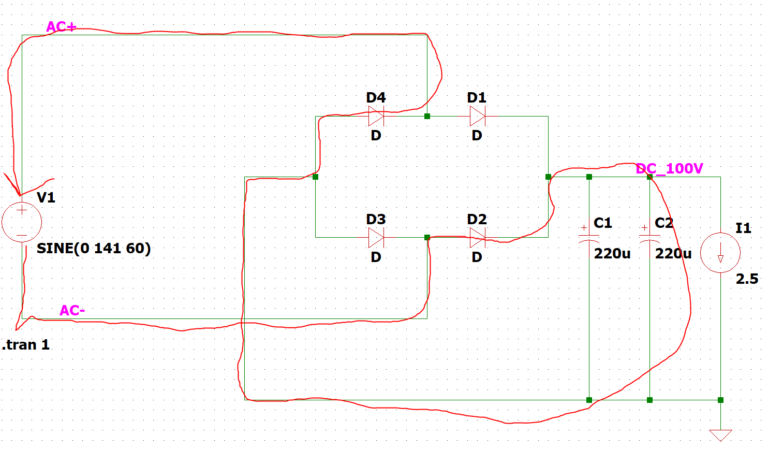 [全波整流回路]AC100VをDC100Vにする回路をLTspiceで作る。 | かきエレ